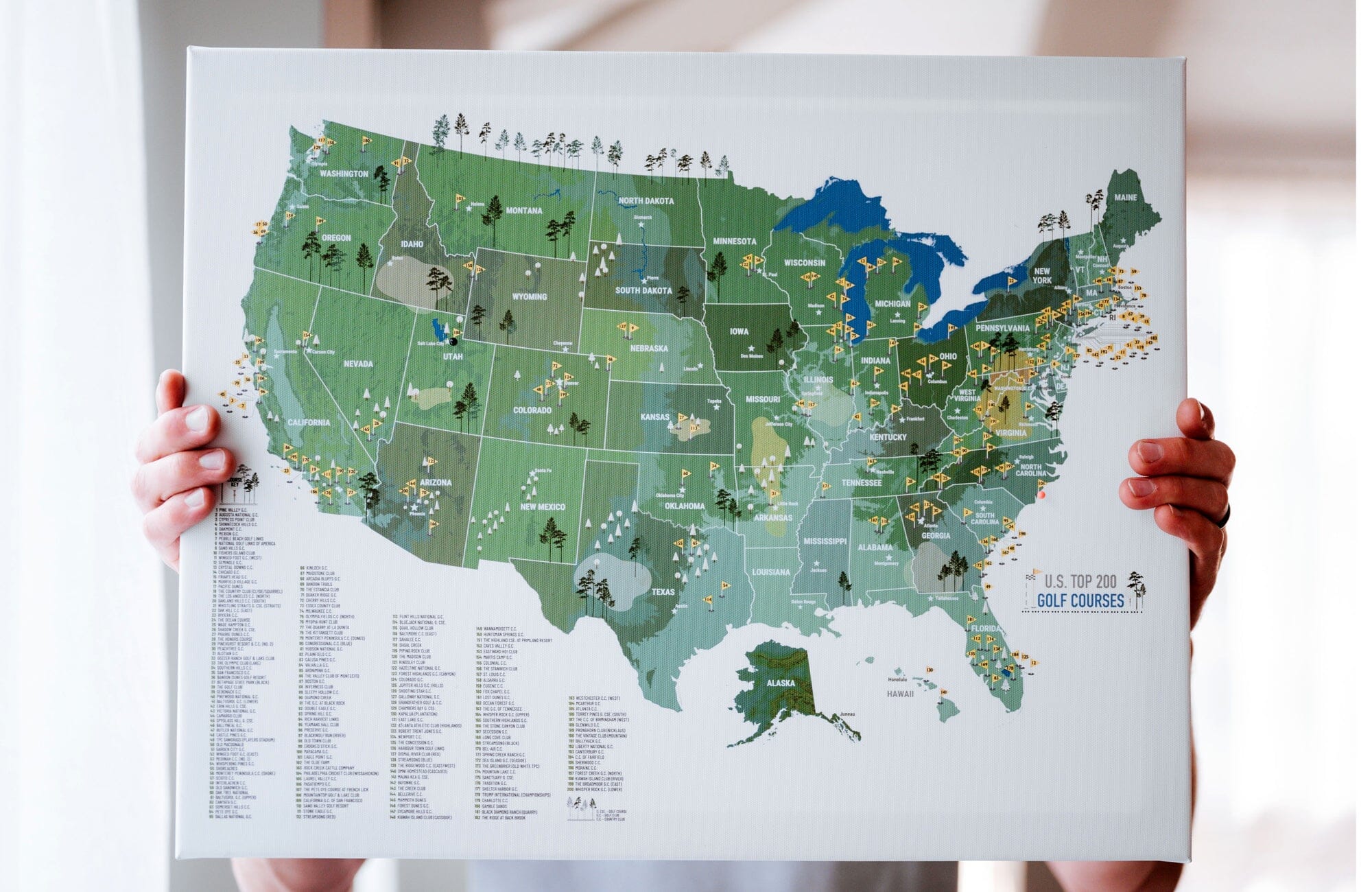 Golf Map of USA, Push Pin Board, CANVAS, Top 200 COURSES - World Vibe ...