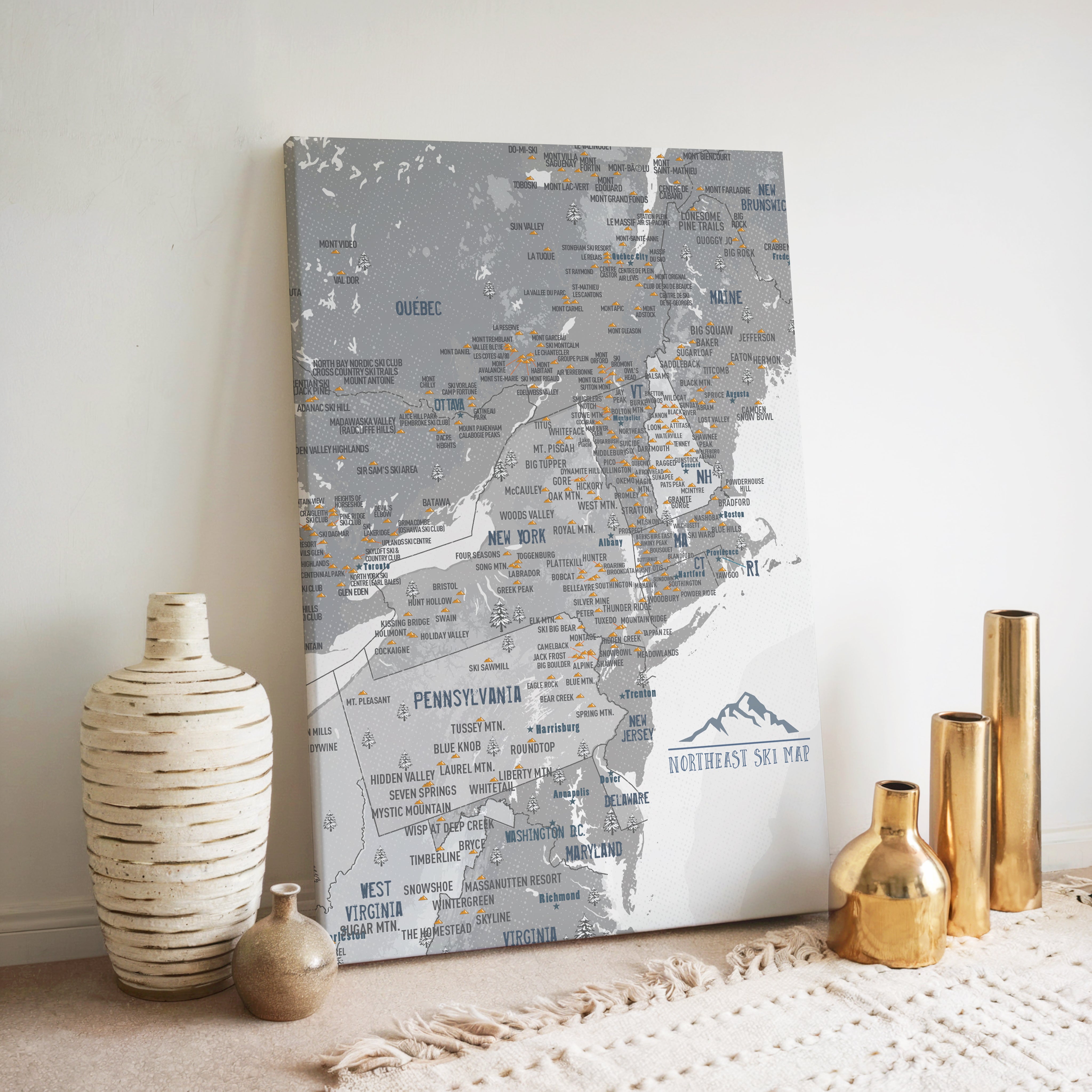 Northeast Ski Map of USA, PERSONALIZED CANVAS, Push Pin Wall Art ...