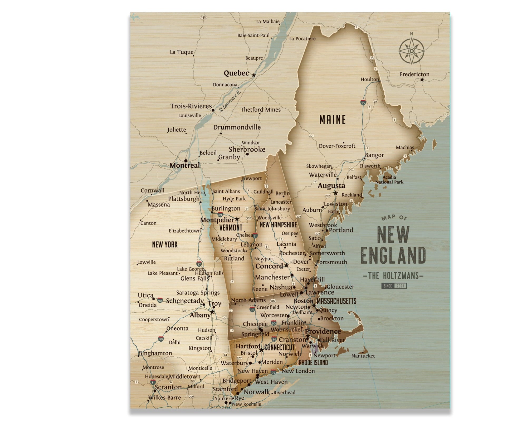 New England Canvas Pin Map, Push Pin Style, Vintage Style, Personalize ...