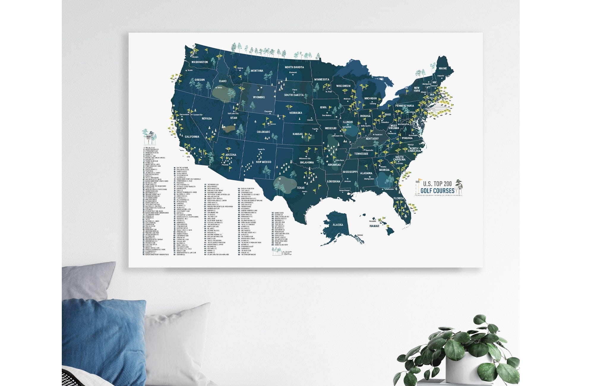 Golf Map of USA, Push Pin Board, CANVAS, Top 200 COURSES - World Vibe ...
