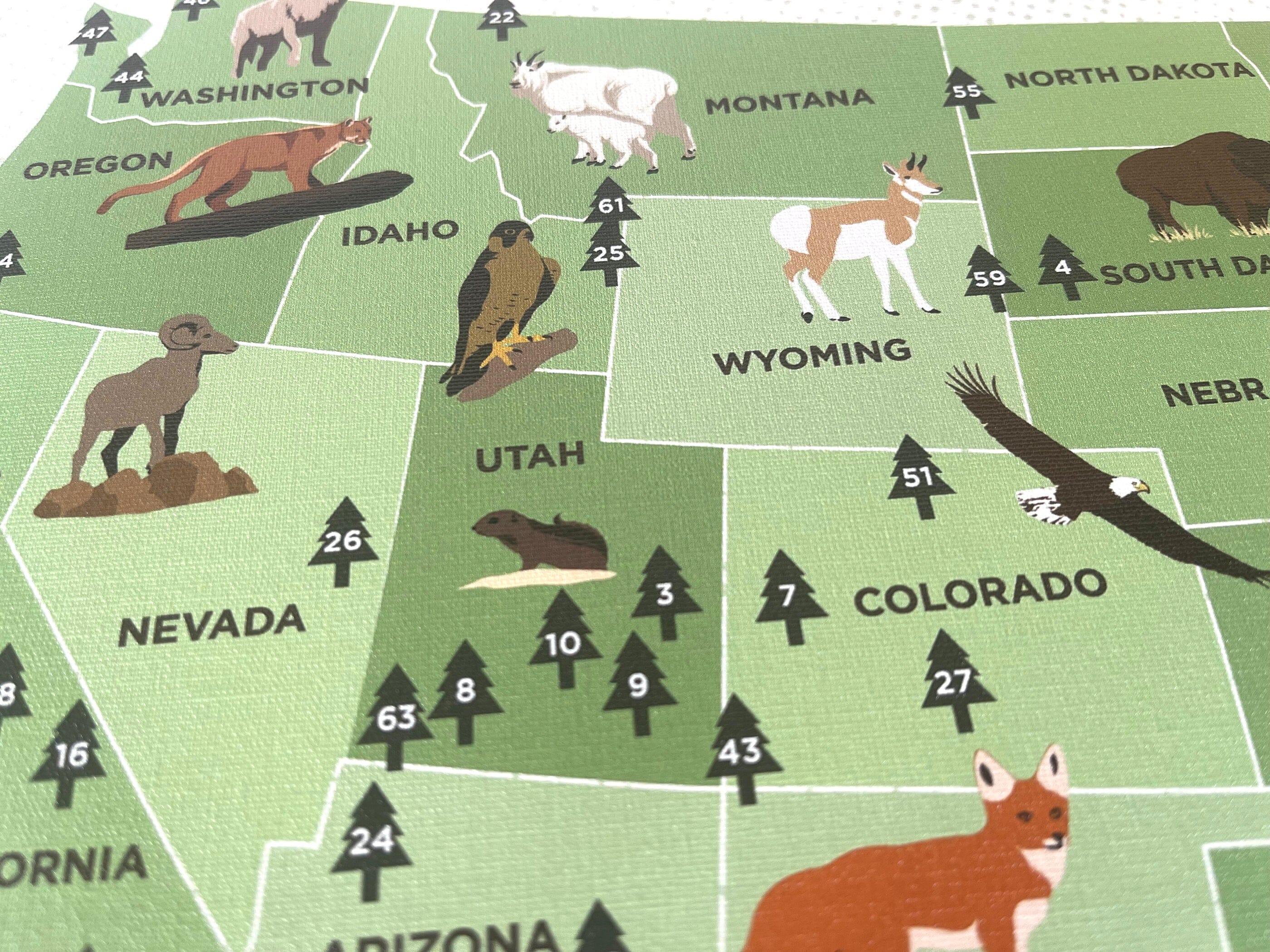 National Park Map for Nursery, Map with Animals of 63 National Parks of ...