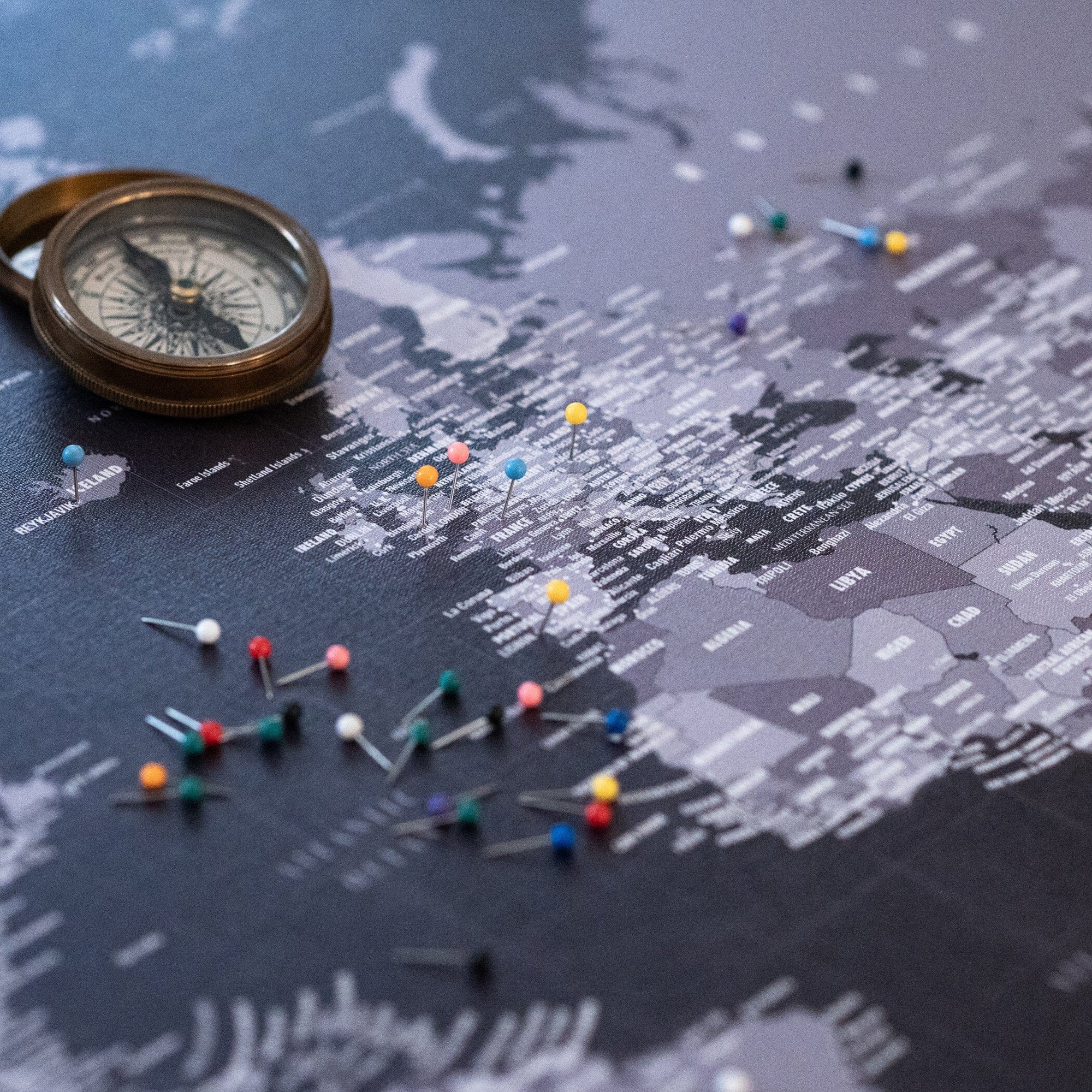 World Map, Push Pin Canvas Travel Map, Graphite Gray - World Vibe Studio