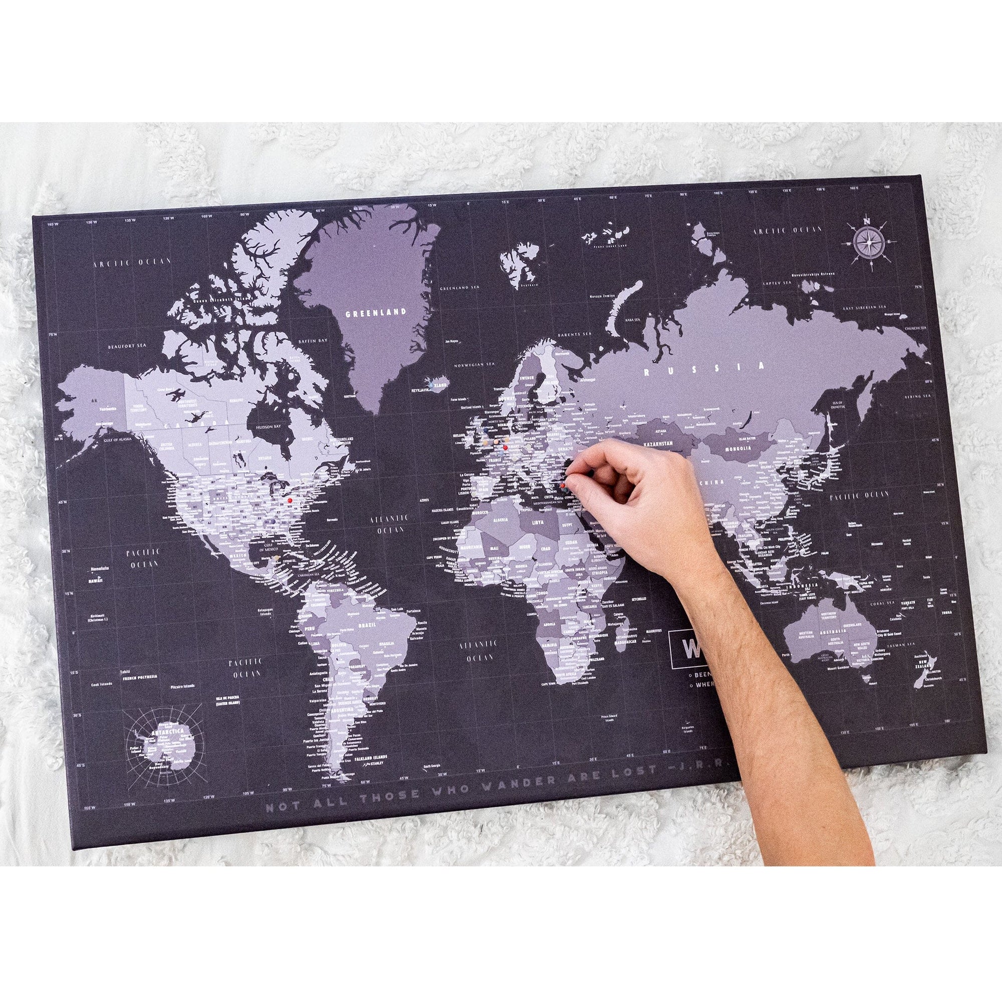 World Map, Push Pin Canvas Travel Map, Graphite Gray - World Vibe Studio
