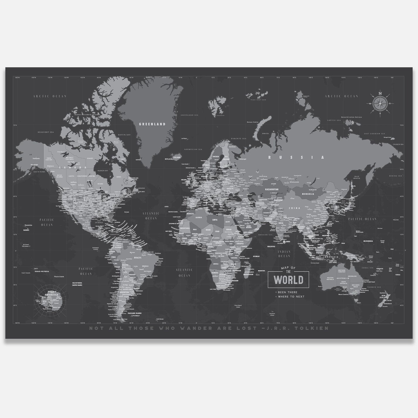 World Map, Push Pin Canvas Travel Map, Graphite Gray – World Vibe Studio